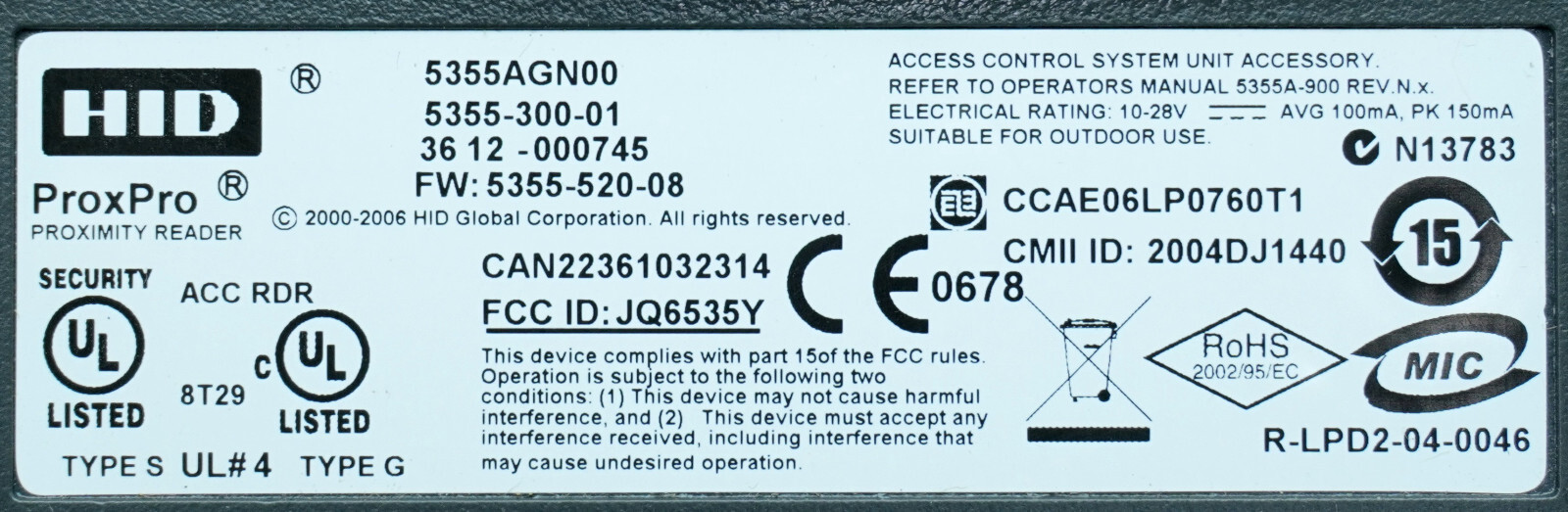 HID ProxPro Proximity Card Reader 5355AGN00 | eBay