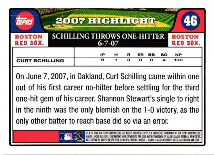 2008 TOPPS HIGHLIGHT CURT SCHILLING BASEBALL CARD #46 | eBay