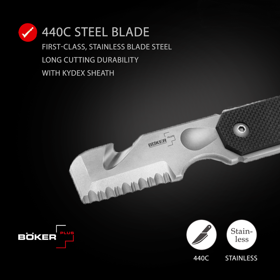 BOKER PLUS® Cop-Tool Fixed Knife 1.77" Blade 440C G10 Belt Cutter Lever ...