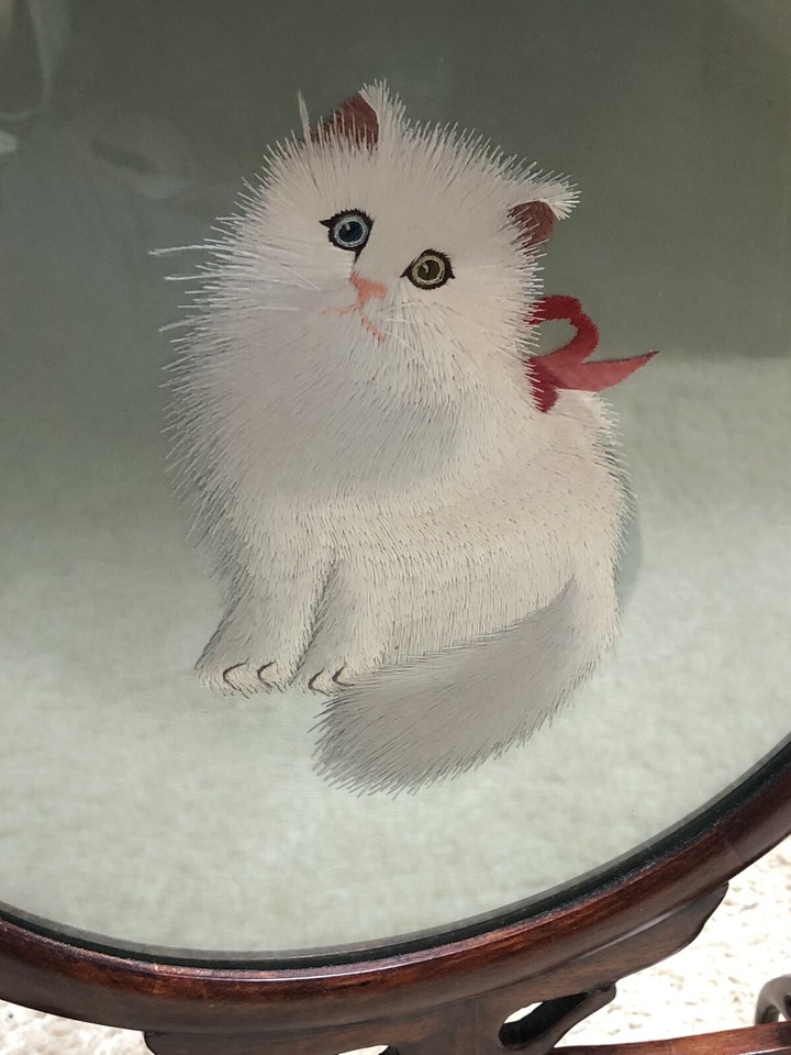 Antique Hand Embroidered White Cat On Silk Asian Art | eBay