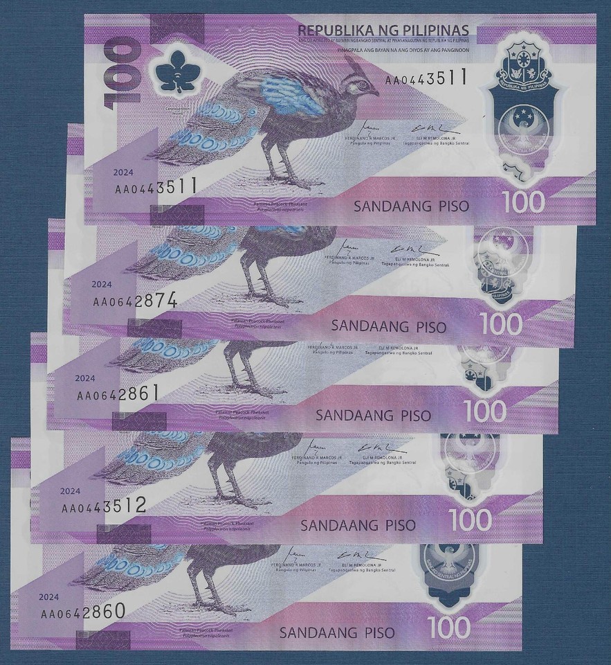 2024 Philippines 100 Peso New Polymer Palawan Peacock w/ Prefix "AA ...