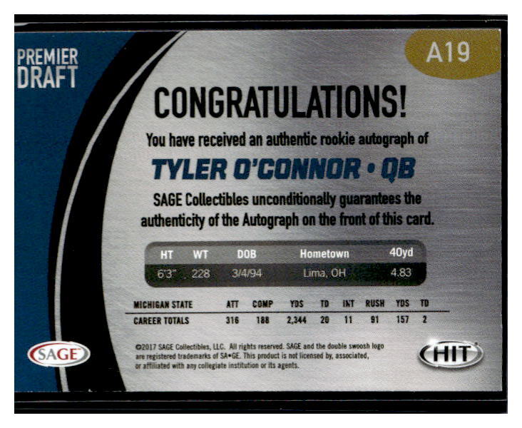 TYLER O'CONNER 2017 SAGE HIT AUTOGRAPH | eBay