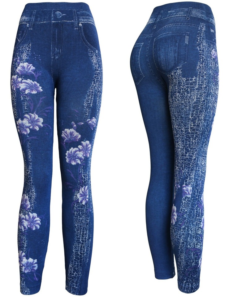 High Waist Women's Denim Print Fake Faux Jeans Leggings Pants | eBay