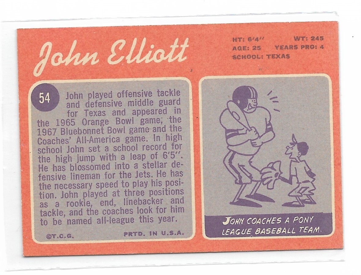 1970 Topps John Elliott 54 New York Jets Football | eBay