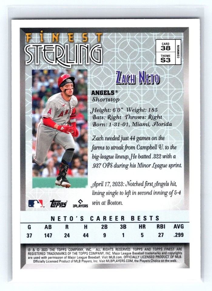 2023 Finest Flashbacks Zach Neto #38 Sterling Rookie Card | eBay