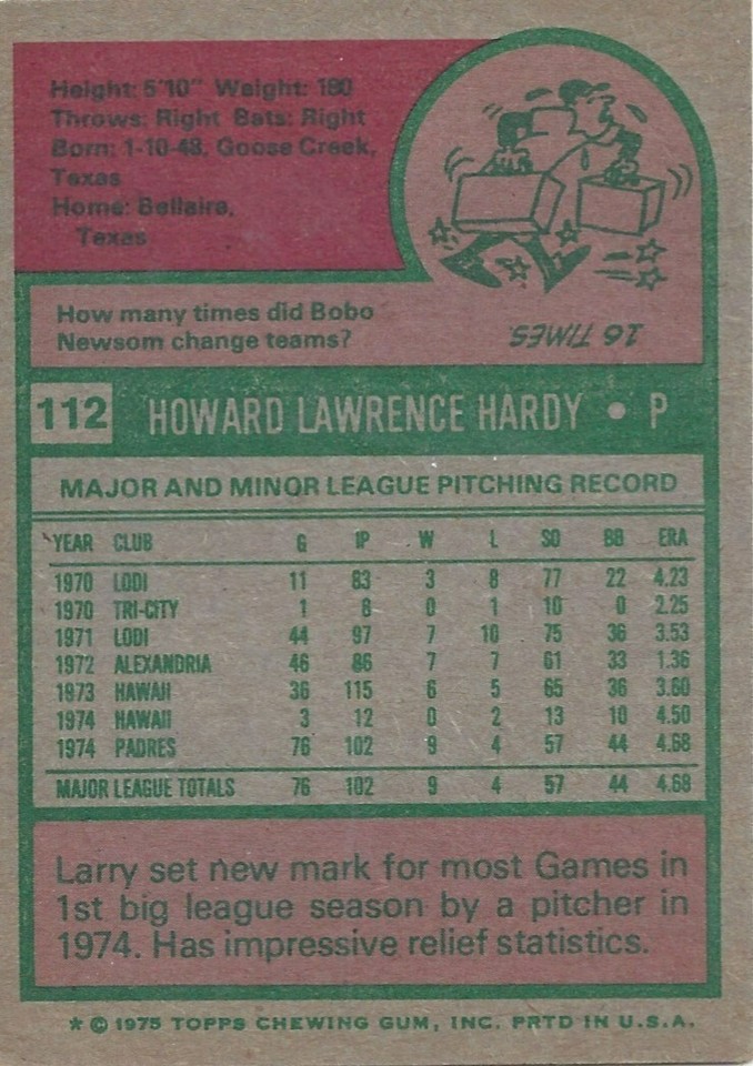 1975 Topps Larry Hardy 112 Padres EXMT | eBay
