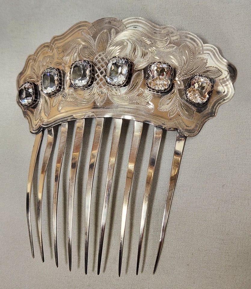 Victorian Etched Sterling Silver Hair Comb Bright Paste Crystal Jewels ...