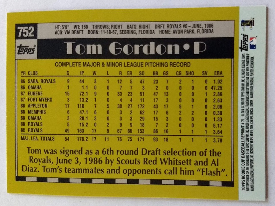TOM GORDON, 2005 TOPPS #71, REPRINT RC #752, ROYALS | eBay