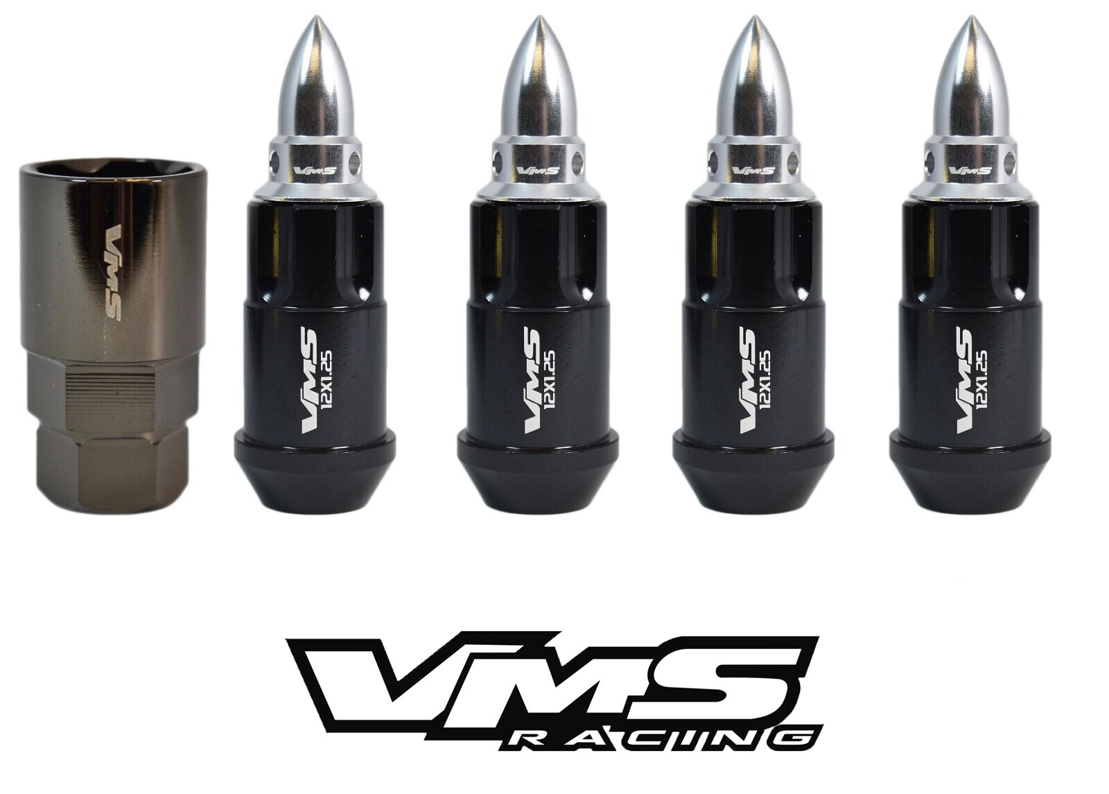 16 BLACK VMS RACING 60MM SPIKE 12X1.25 ALUMINUM WHEEL LOCKING LOCKS LUG ...