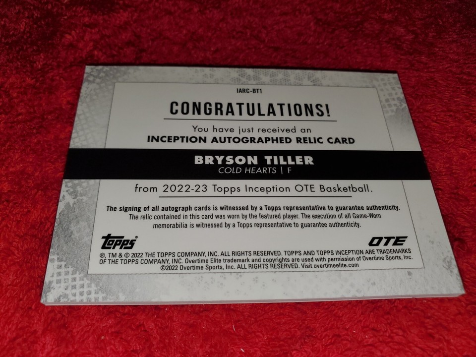 2023 TOPPS INCEPTION OVERTIME CARD OF BRYSON TILLER RC AUTO RELIC #069/ ...