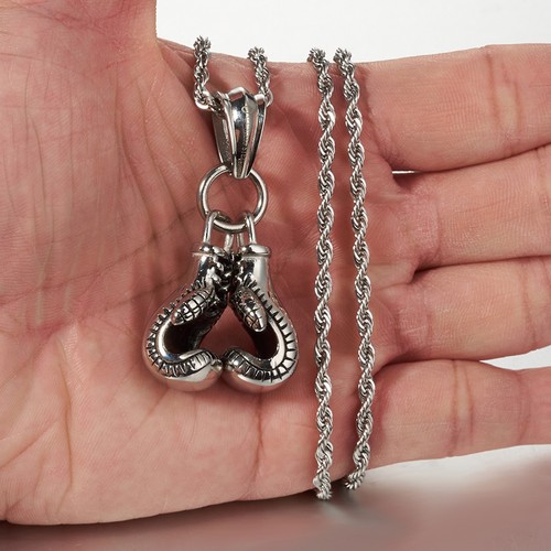 Men Silver Punk Stainless Steel Boxing Glove Pendant Necklace with 24 ...