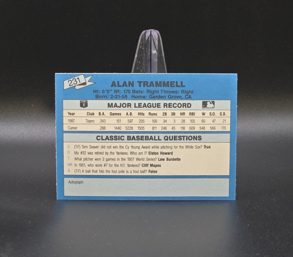 1988 Classic Update Blue Travel ALAN TRAMMELL Card #231 Detroit Tigers ...