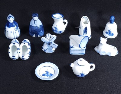 VTG Miniature Delft Blue & White Figurines Enesco Clogs Cow Windmill ...