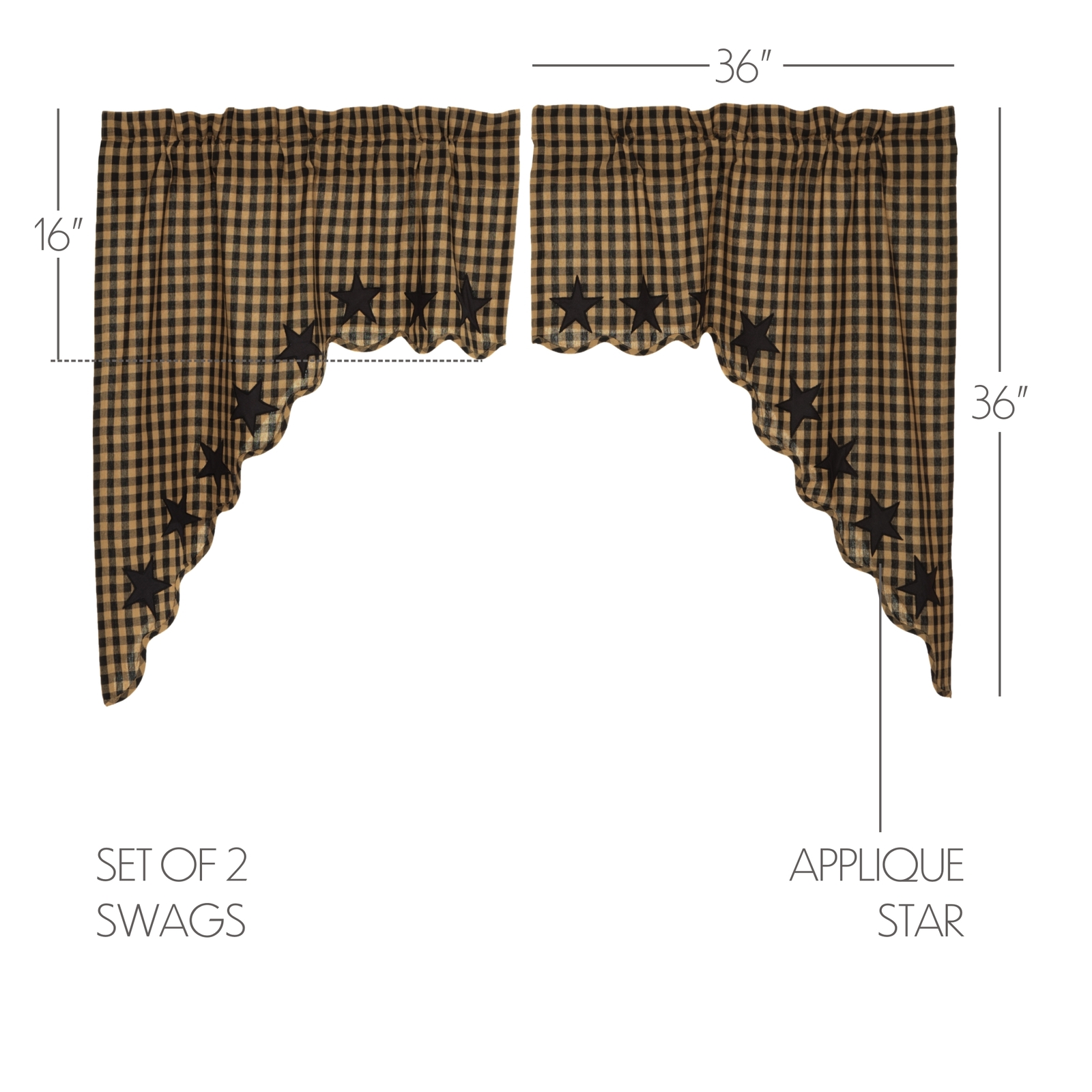 VHC Brands Primitive Swag Pair Black Rod Pocket Star Kitchen Window ...