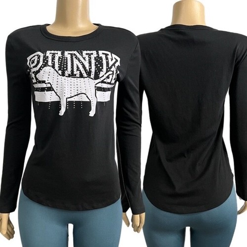 Victorias Secret PINK Bling Crystals Rhinestone Logo Long Sleeve T ...