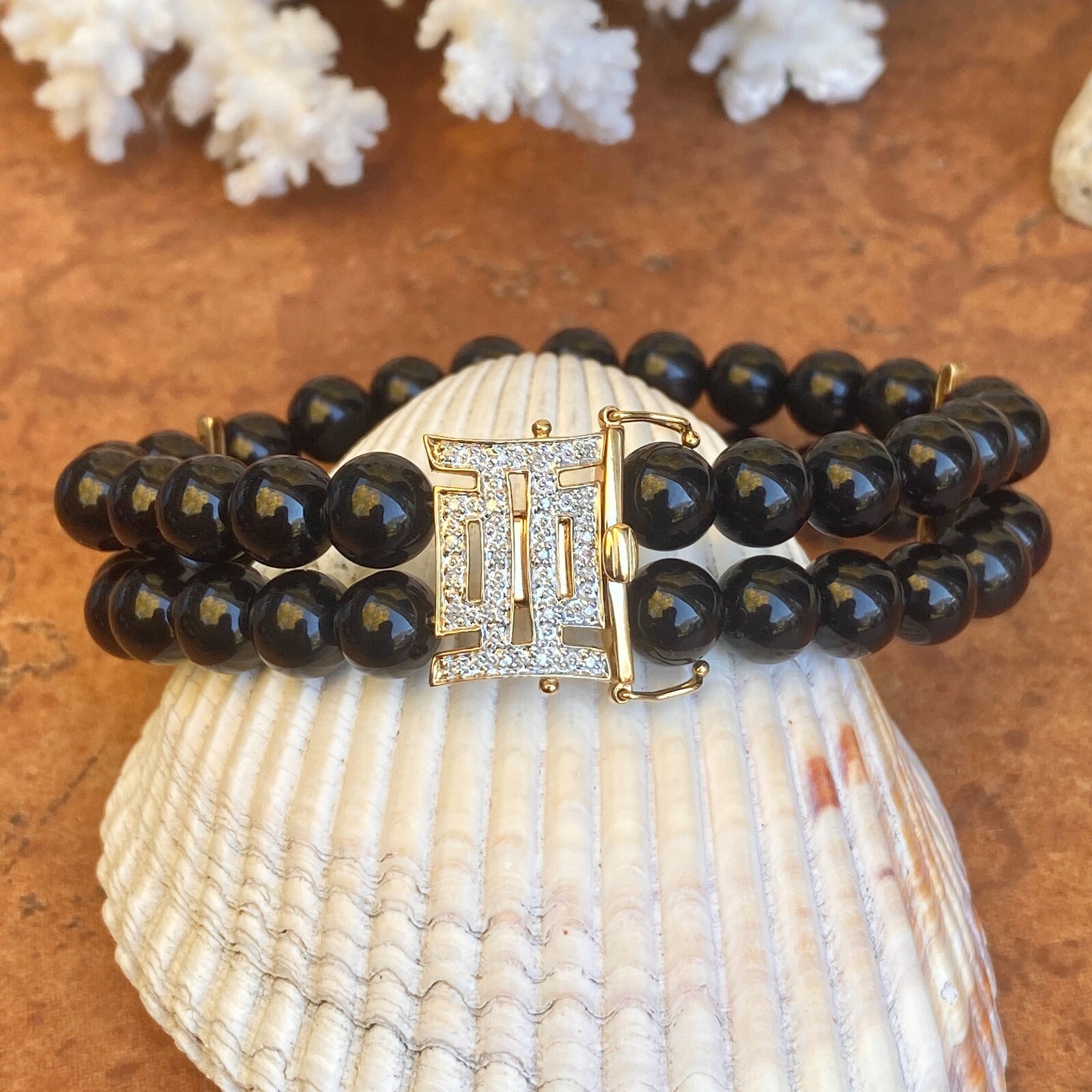 14KT White Gold + Yellow Gold Diamond + Black Onyx 2-Row Beaded ...