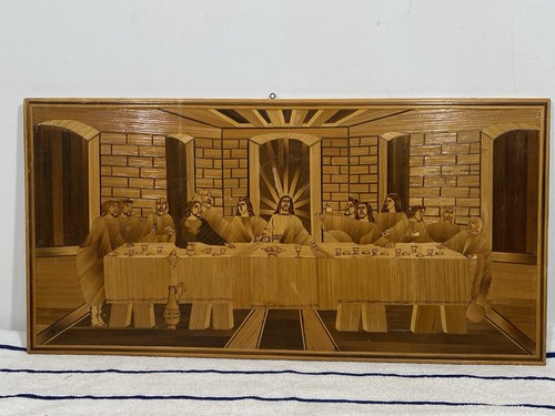 Vintage Last Supper Religious Wood Natural Reed Bamboo Artwork Wall ...