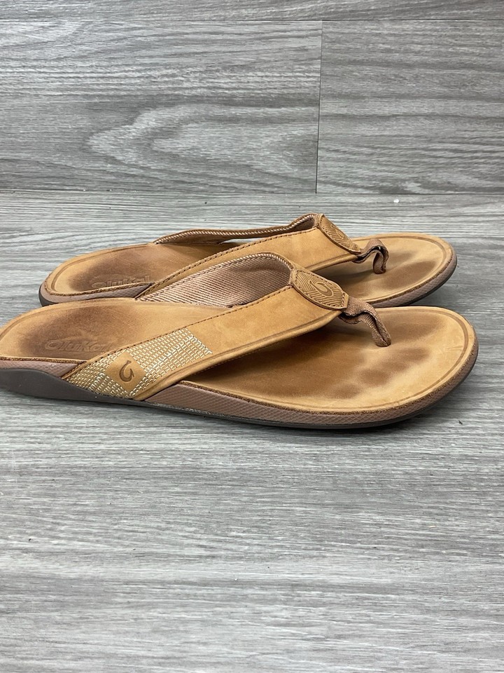 Men's Olukai Tuahine Toffee Color Brown Leather Flip Flop Sandal US ...