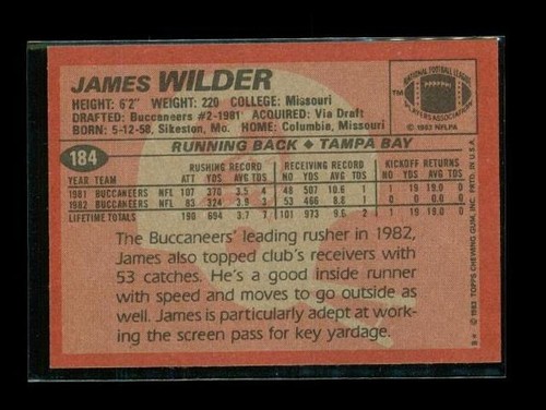 Vintage 1983 TOPPS Football Trading Card #184 JAMES WILDER Tampa Bay ...