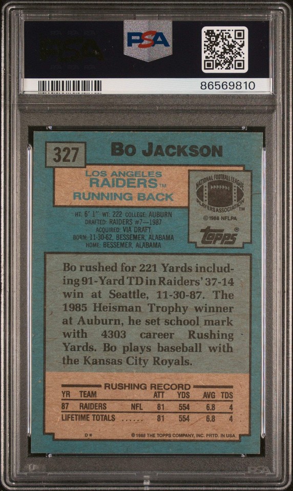 Graded 1988 Topps Super Rookie Bo Jackson #327 Rookie RC Baseball Card ...