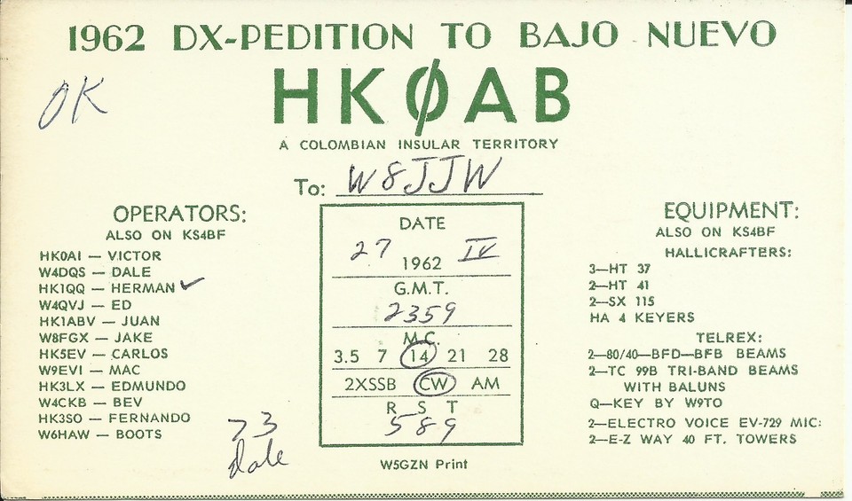 OLD VINTAGE HK-0-AB 1962 DX-PEDITION TO BAJO NUEVO AMATEUR RADIO QSL ...