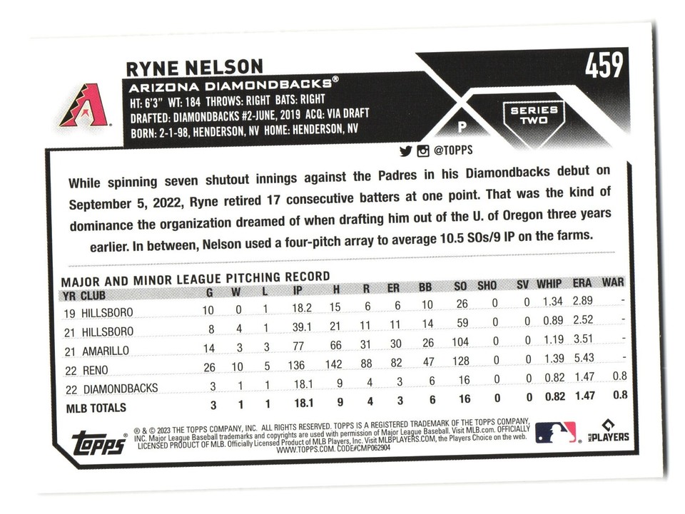 2023 Topps #459 Ryne Nelson RC Rookie Card Arizona Diamondbacks QTY | eBay