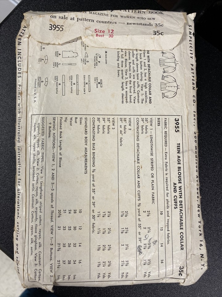 1950s Simplicity Pattern 3955 Misses' TeenAge Blouse Puff Sleeves Sz 12 ...