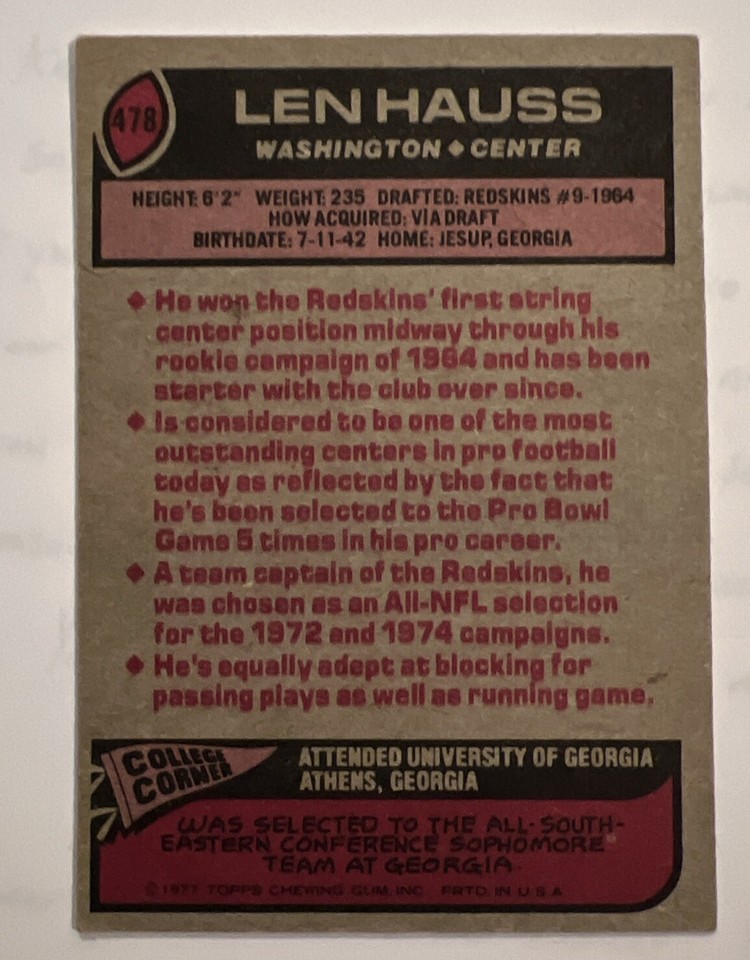 LEN HAUSS 1977 TOPPS FOOTBALL CARD #478 AUTOGRAPH SIGNED WASHINGTON ...