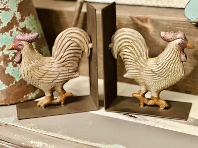 Pair Of Vintage Cast Iron Rooster Bookends Handpainted/Rustic | eBay