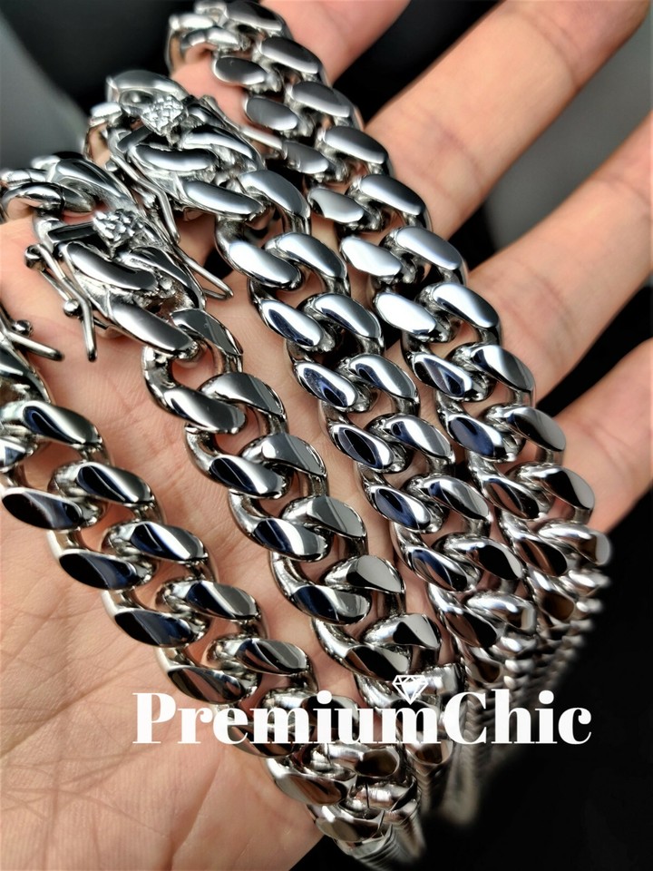 Mens Miami Cuban Link Chain SOLID Stainless Steel Necklace or Bracelet ...