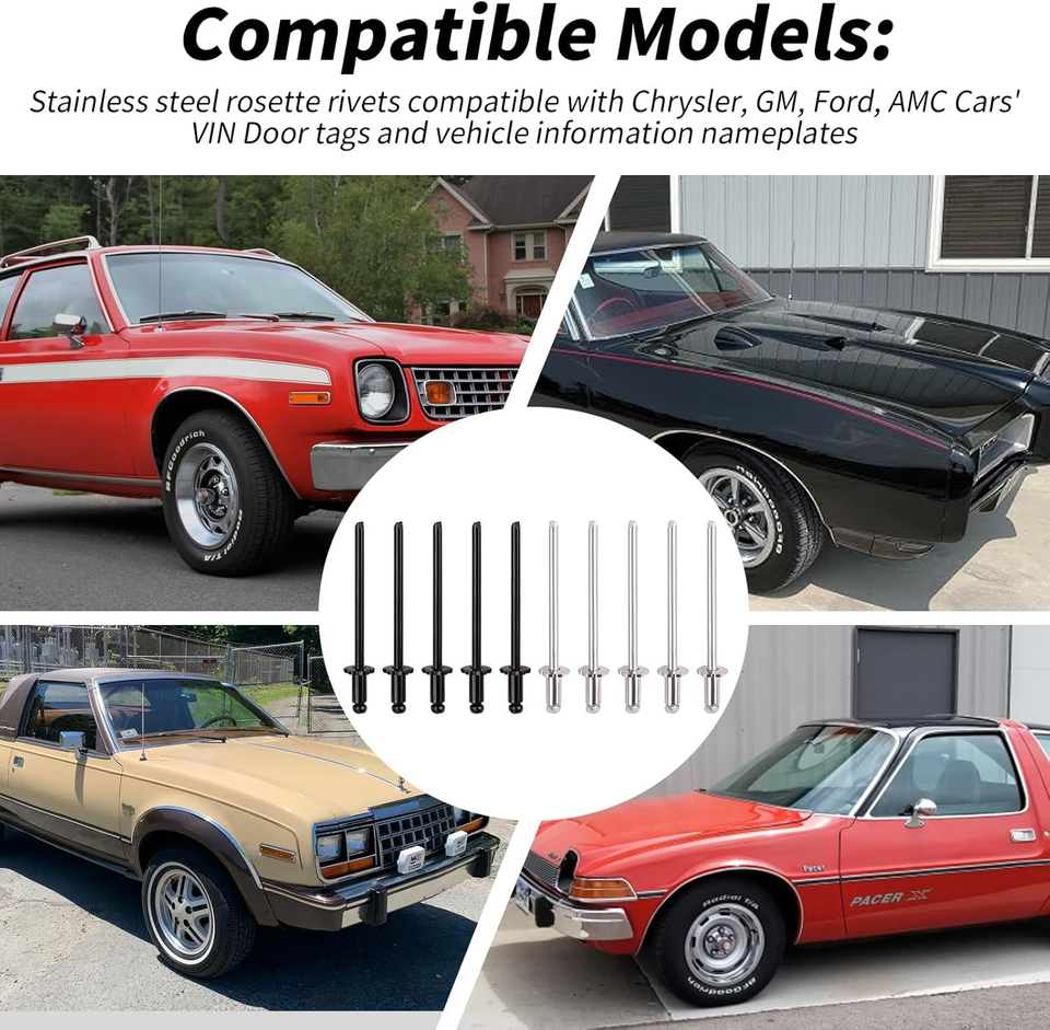 5 Silver & 5 Black Stainless Steel Rivets VIN Door Tags For Chrysler GM ...