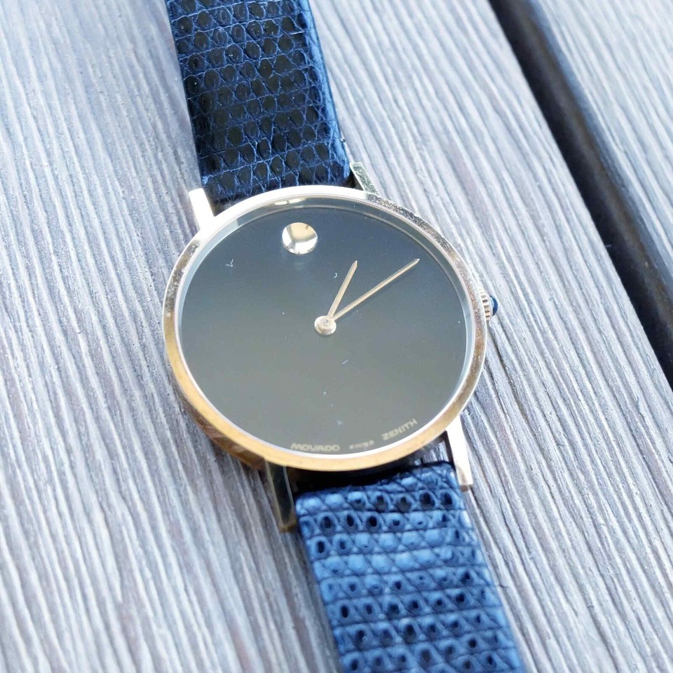 Movado Museum 14K Yellow Gold Black Dial Zenith Hand Wind Vintage Watch ...