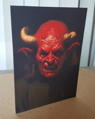 Halloween Greeting Card ~Spooky Art ~Scary Snarling Devil ~ Old ...