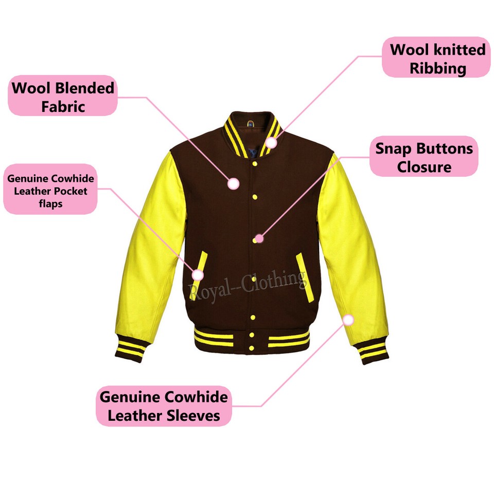 Letterman Baseball Varsity Jacket in Brown Wool Genuine Yellow Leather ...