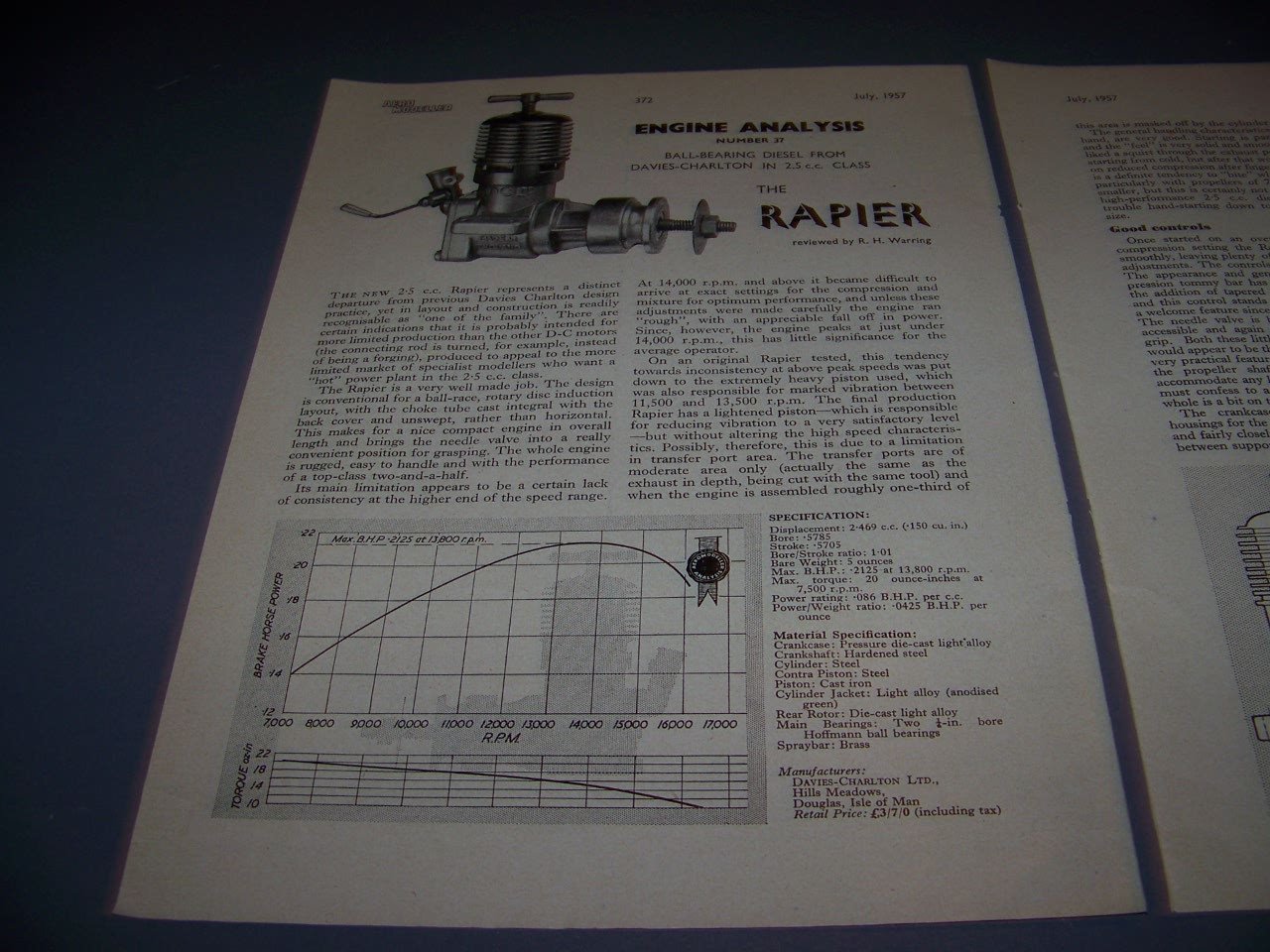 VINTAGE..RAPIER 2.5CC AIRCRAFT R/C ENGINE..4-VIEWS/GRAPHS/SPECS..RARE ...