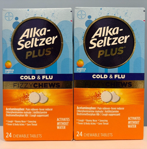 (2) Alka-Seltzer Plus Cold & Flu Fizzy Chews 24 Tablets Orange EXP 04/ ...