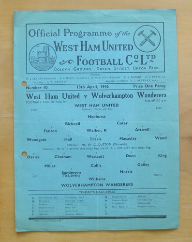 WEST HAM UNITED v WOLVES 1945/1946 *Good Condition Football Programme ...