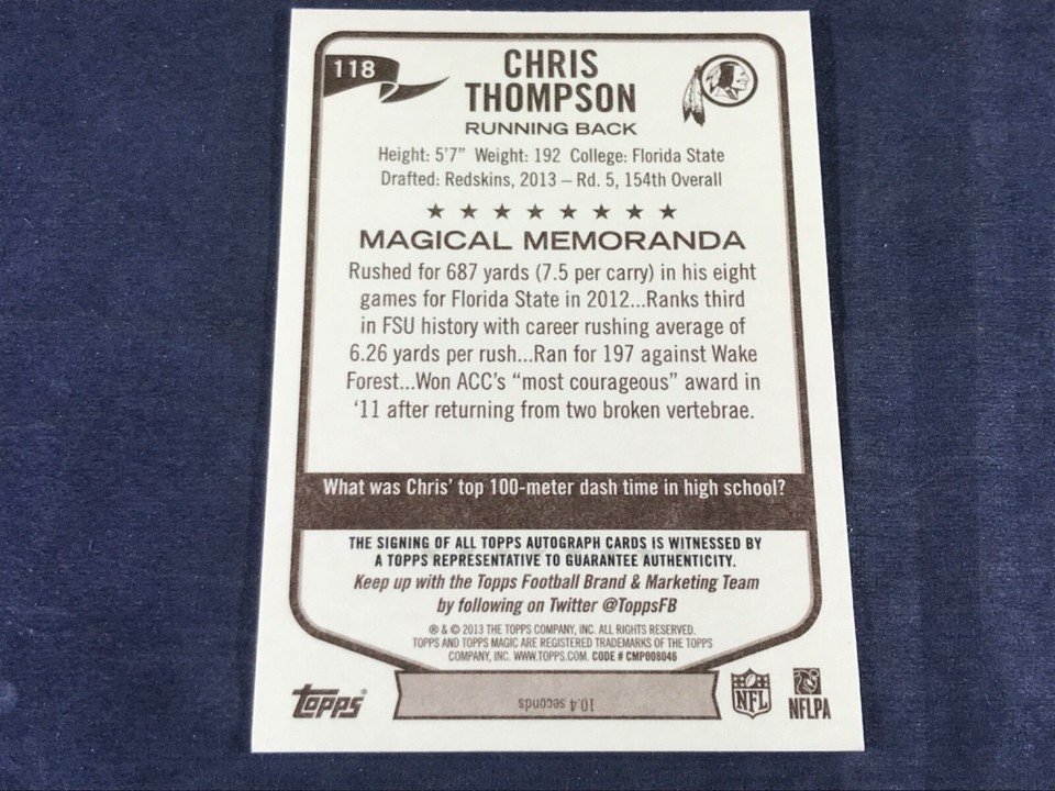 I4-68 FOOTBALL CARD - CHRIS THOMPSON REDSKINS ROOKIE - AUTOGRAPHED ...