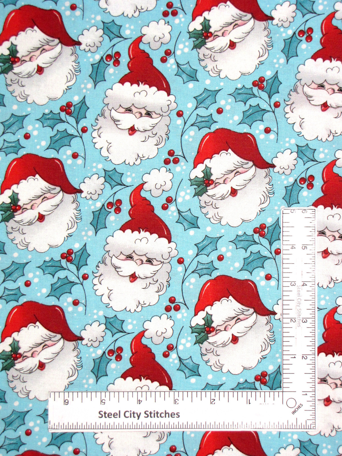 Christmas Santa Fabric Santa Heads Toss Teal Blue Cotton Traditions By ...
