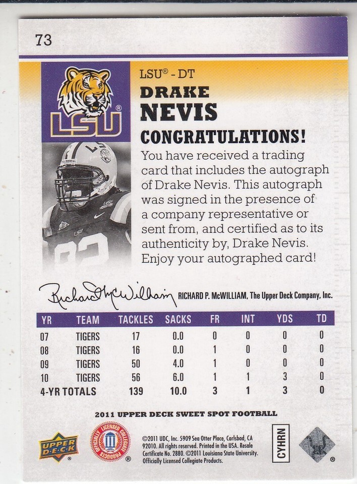 DRAKE NEVIS 2011 Upper Deck Sweet Spot Autograph #73 LSU Tigers | eBay