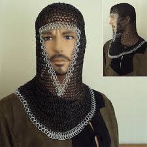 Medieval Knight Black Chainmail Hood/Coif With Zinc Border Butted Chain ...