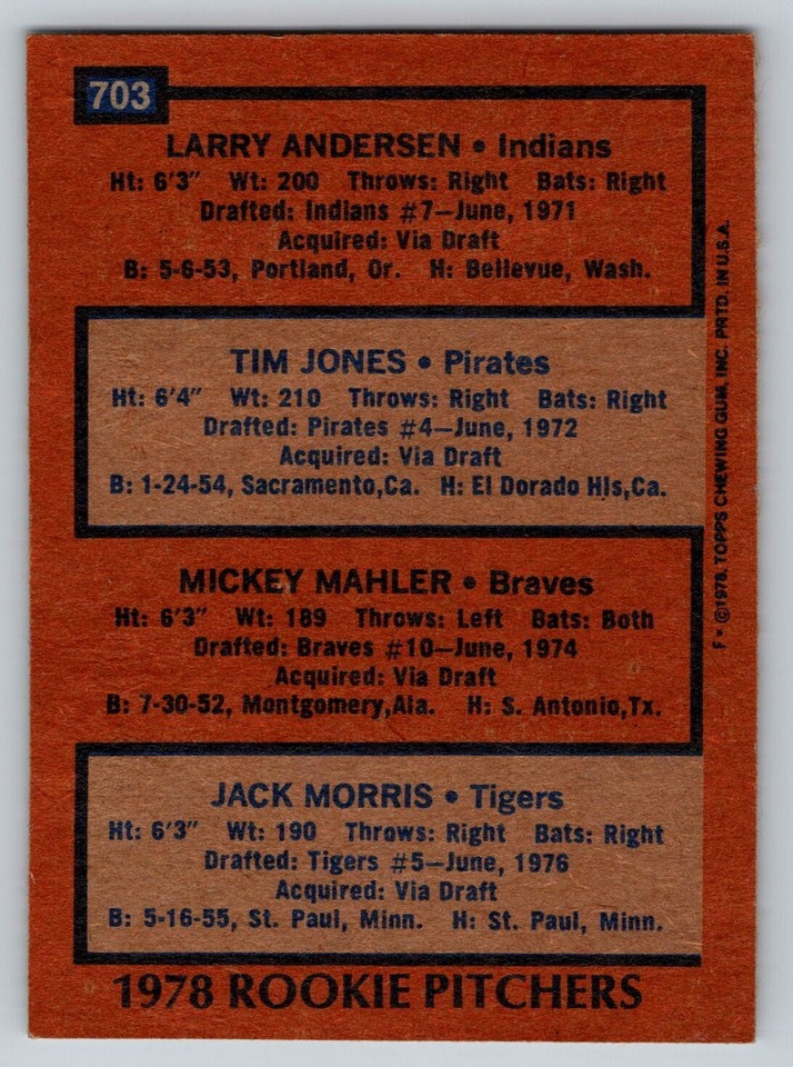 1978 Topps #703 Rookie Jack Morris Larry Andersen Tim Jones Mickey ...