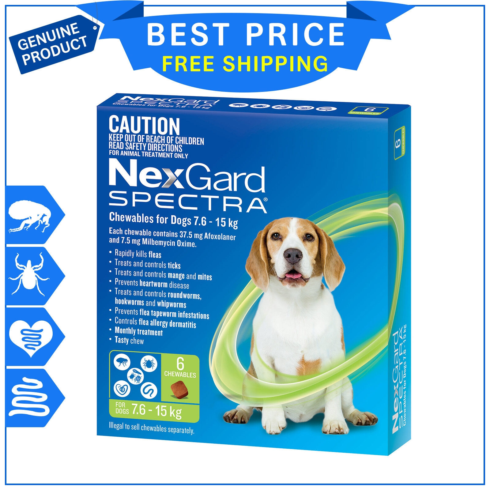 NEXGARD SPECTRA Flea Heartworm Tick and Worm Control 6 Doses for All ...