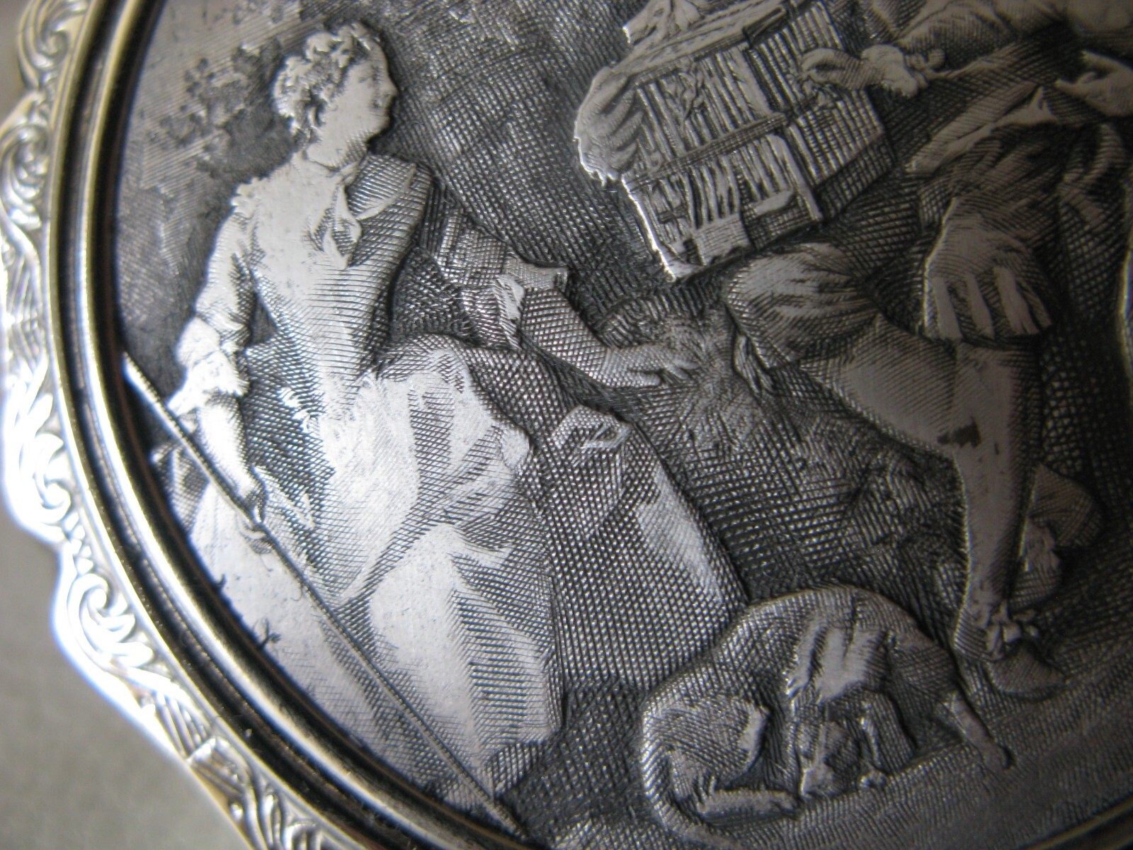 Antique Vintage Silver ENGLAND Lithograph Couple Maiden Dog STRATTON ...