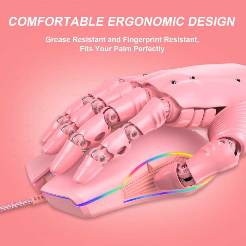 3200DPI Optical Braided USB Wired Gaming Pink Mouse 7Buttons With Type ...