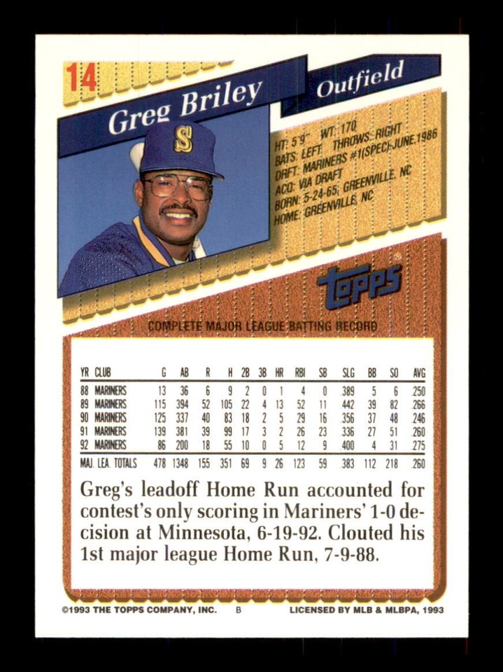1993 Baseball Topps Greg Briley Seattle Mariners #14 | eBay