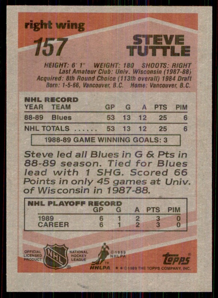 1989-90 TOPPS STEVE TUTTLE RC ST. LOUIS BLUES #157 | eBay