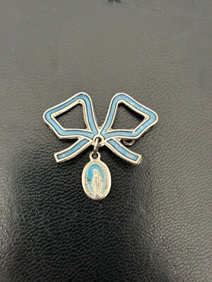 Vintage Blue Ribbon Enamel Saint Mary Religious Dangle Pin Brooch/pin ...