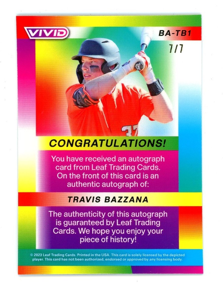 2023 Leaf Vivid #BA-TB1 Travis Bazzana Blue Prismatic Auto #/7 | eBay