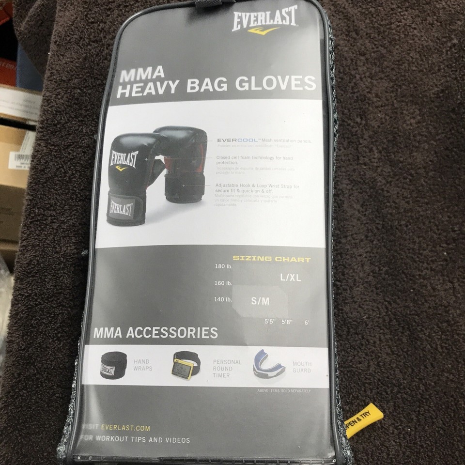 Everlast MMA Boxing Heavy Bag Gloves L/XL Training Mitt Work Black Red ...